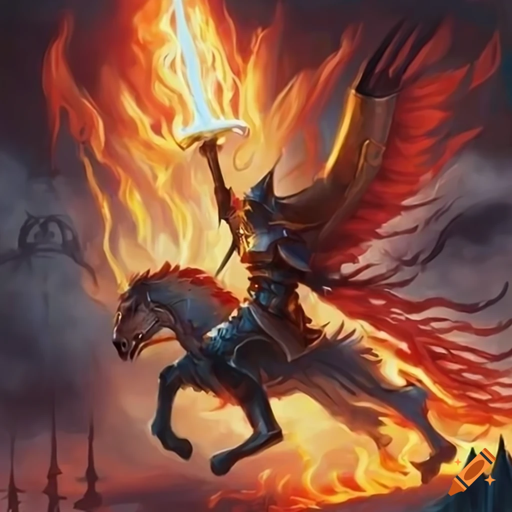 Knight wielding a holy mace riding a flaming Pegasus War Elemental in ...