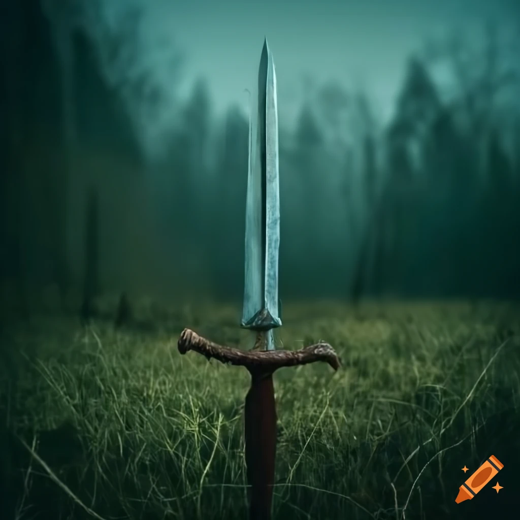 Ancient, rusted and bloody sword in a mysterious overgrown field on Craiyon