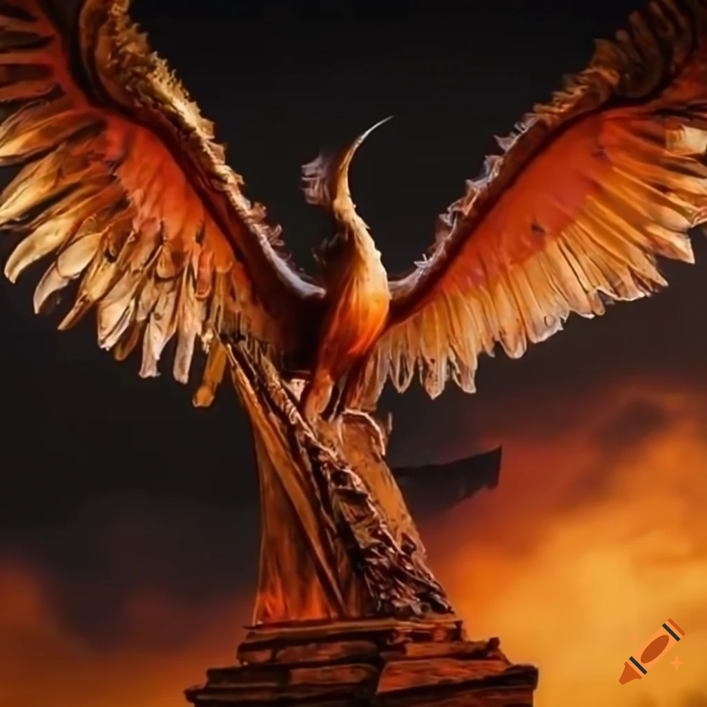 Elegant phoenix with a burning tail above a destroyed historical ...