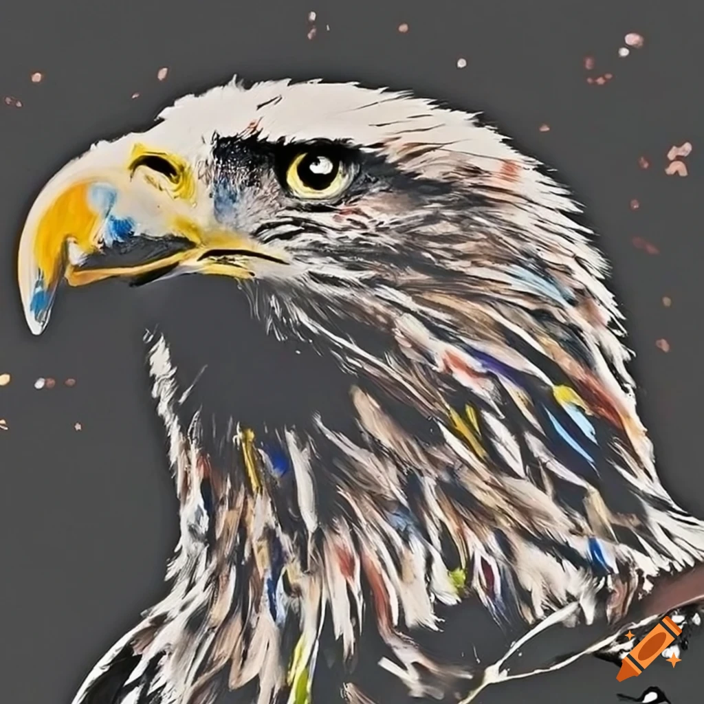 Intricately detailed bald eagle painting in striking splatter art style ...