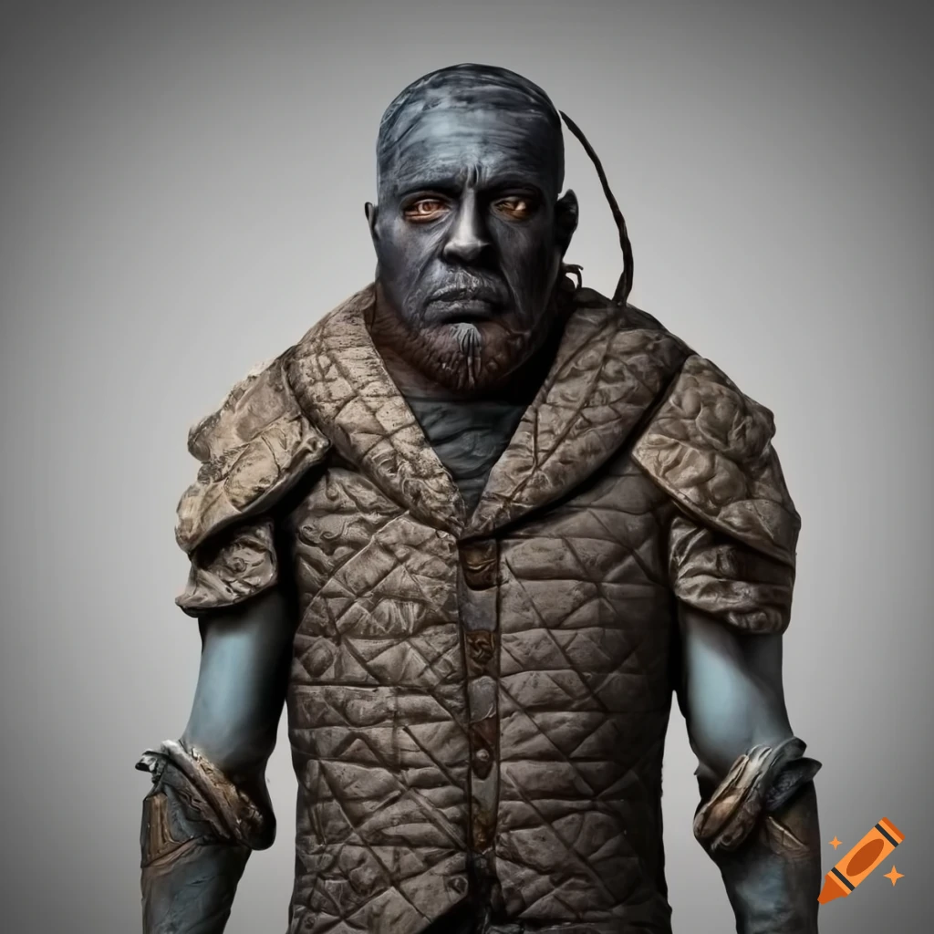 Man with grey rock skin wearing a quilted doublet on Craiyon