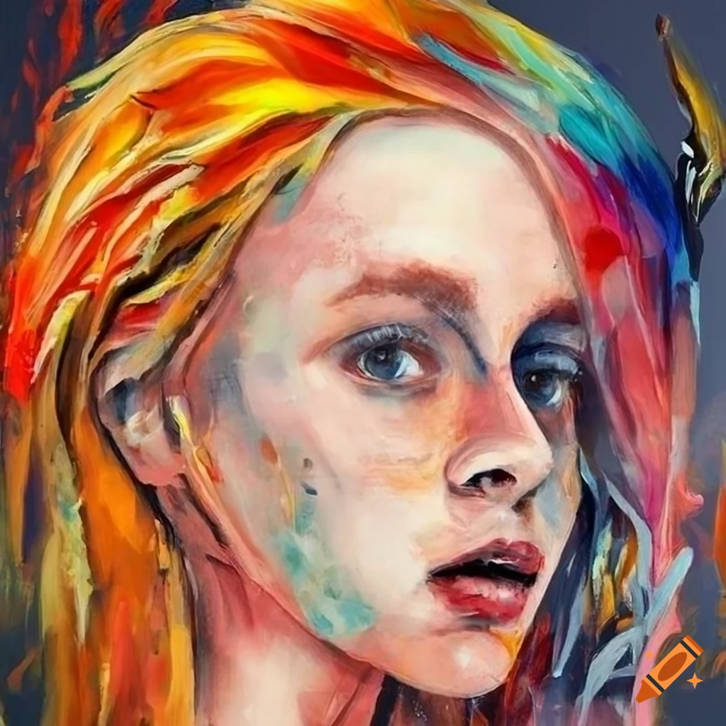 Abstract knife painting of geometric girl with long blonde hair in fire ...