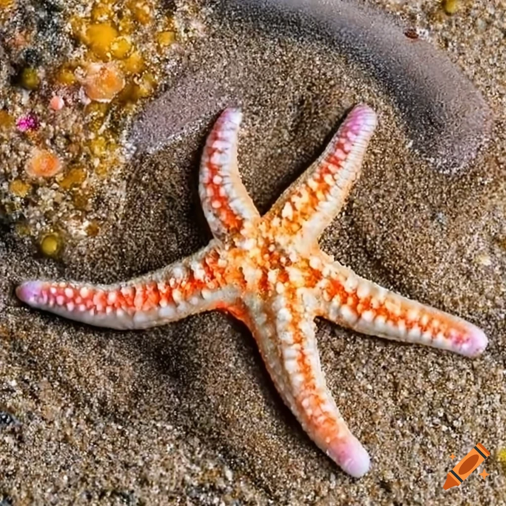 Vibrant multi-colored starfish on sandy shoreline on Craiyon