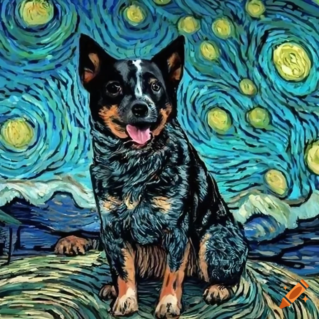 Black fat blue heeler on a van gogh style artwork on Craiyon