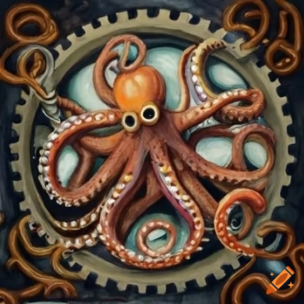 Highly detailed drawing of a clockwork octopus on Craiyon