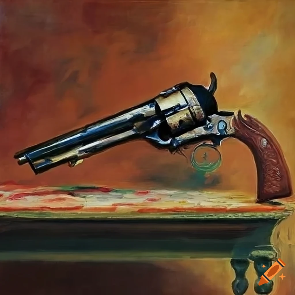 Revolver on a desk in a claude monet painting on Craiyon