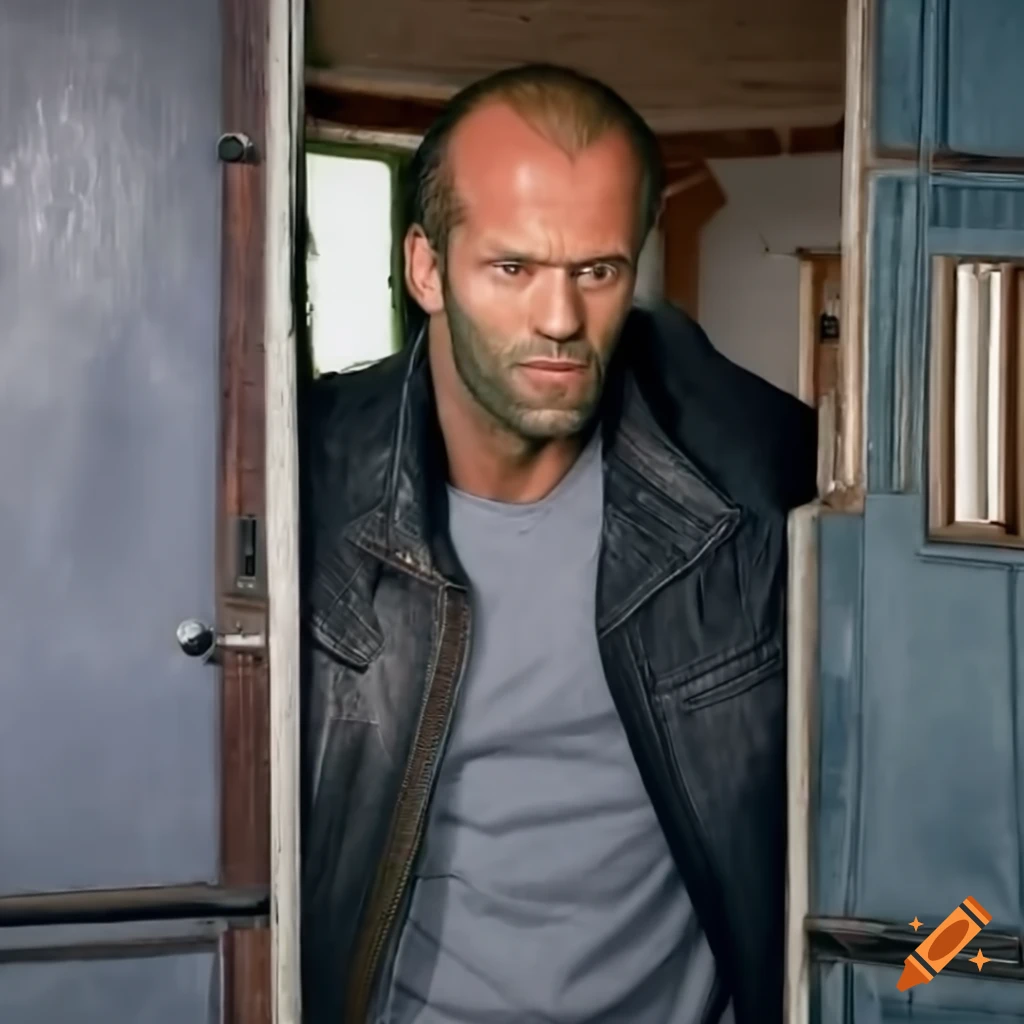 Closeup view resembling a young Jason Statham in outlaw biker style on ...