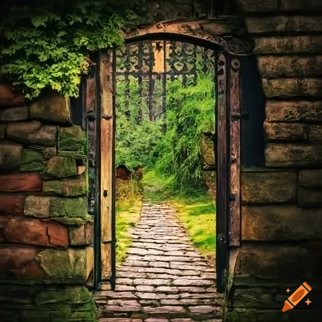 Metal gate leading to a rustic cottage with a cobblestone path on Craiyon