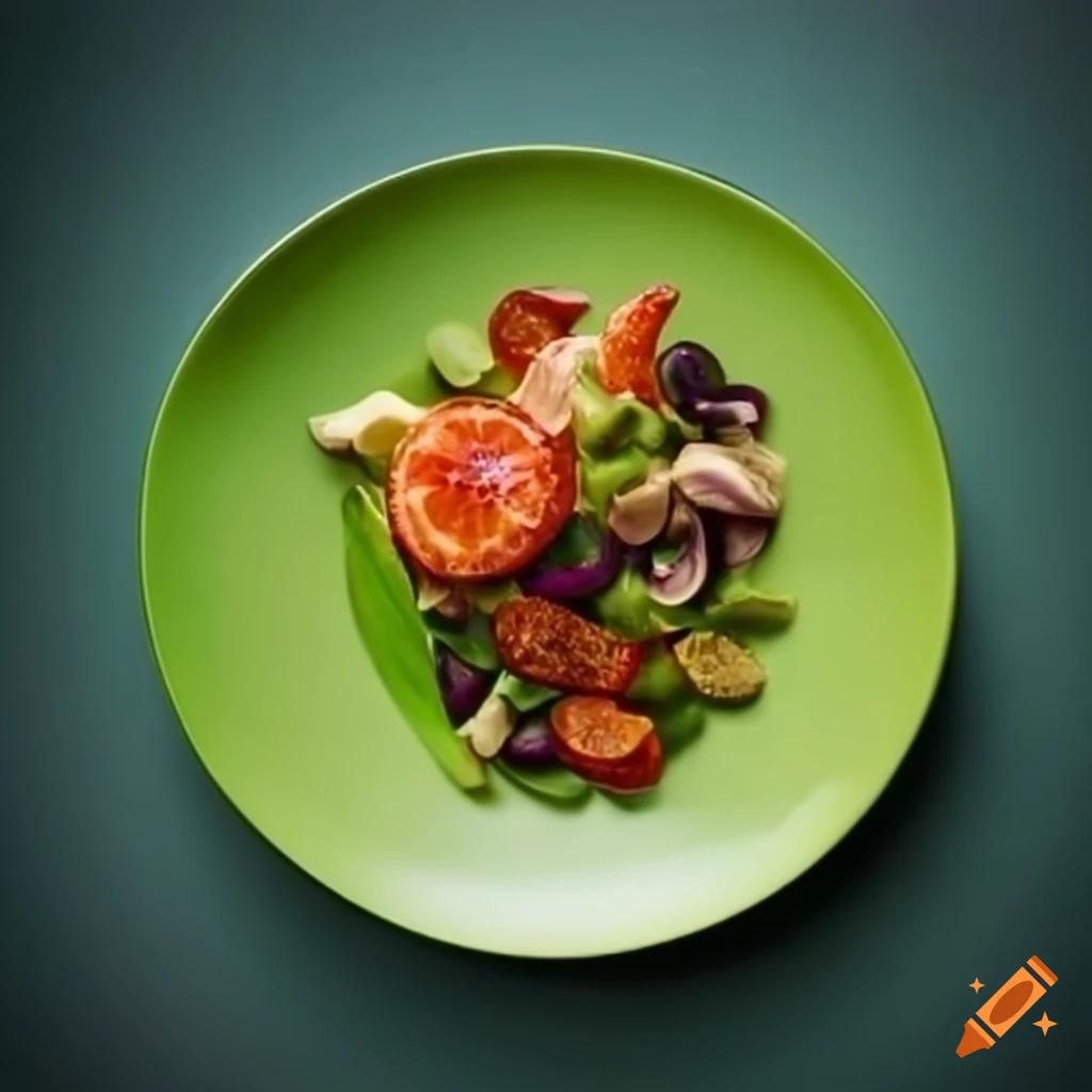 Green plate with food scraps transforming into a delicious meal on Craiyon