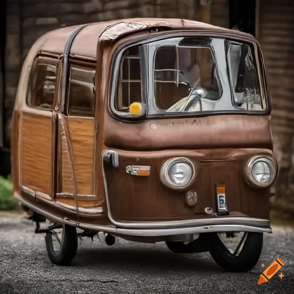 Three-wheeled tuk-tuk with a big frontal cabin in a brown color on Craiyon
