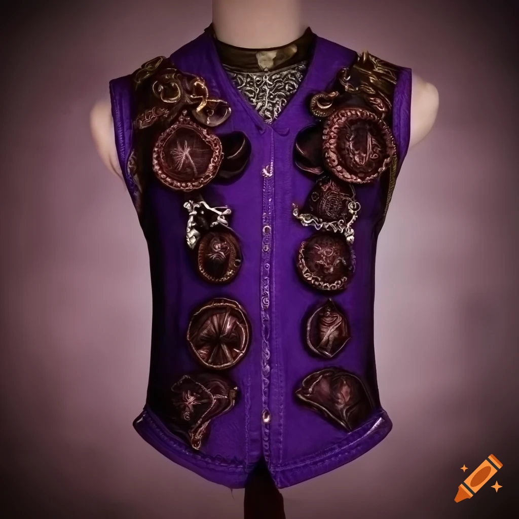 Elaborate purple leather vest with Lovecraftian symbols and runes on ...