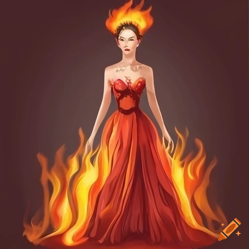 Illustration of a fire-inspired dress on Craiyon