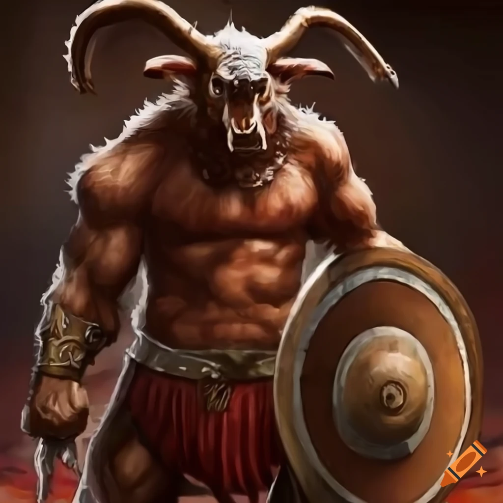 Close-up of a detailed heraldic minotaur with shield and mace on Craiyon