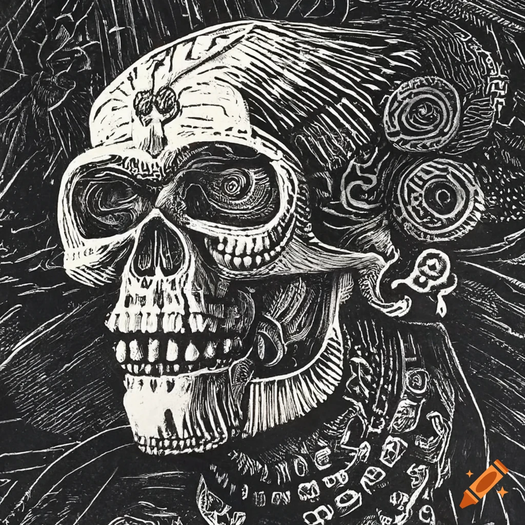 Mayan monkey king skull portrait in monochrome engraving on Craiyon