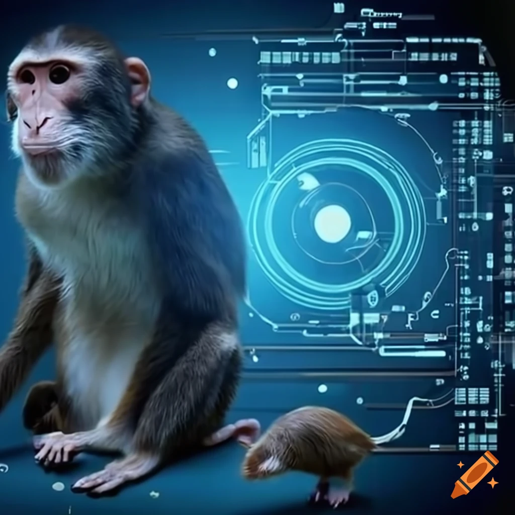 Curious monkey and lab rat with futuristic technology interface on Craiyon