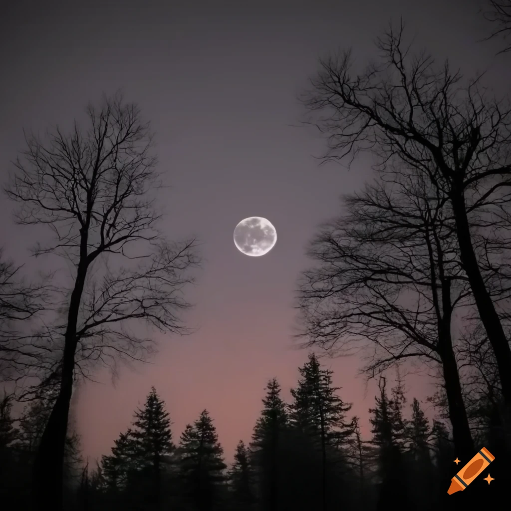 Full moon over forest with orange light in a peaceful night scene on ...