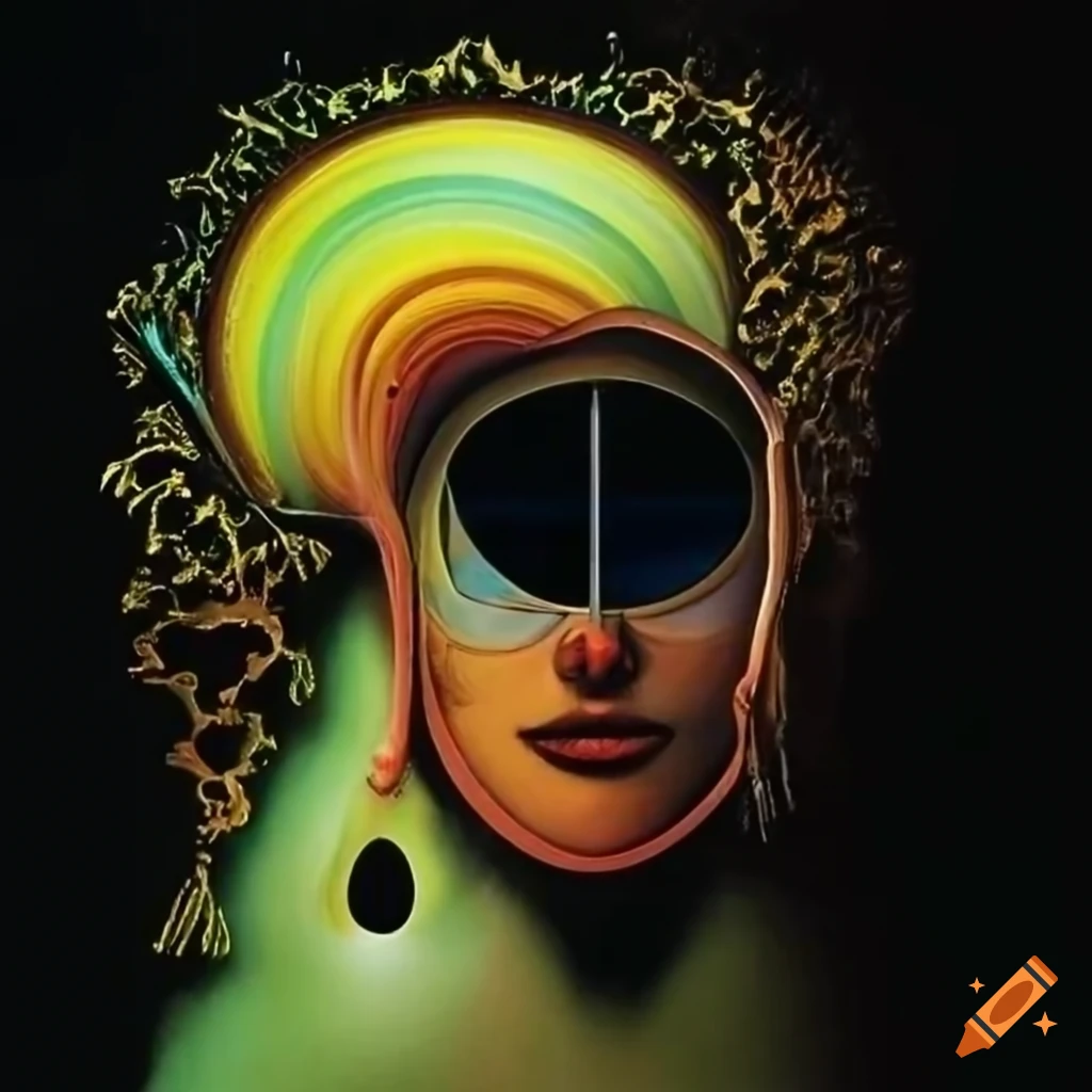 Melting ornate mirror frames transitioning into a dark rainbow forest in a surrealistic ...