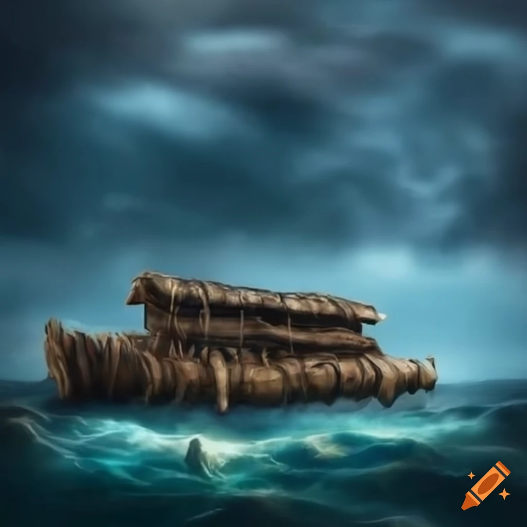 Realistic artwork of a prehistoric log raft ark in a storm at sea on ...