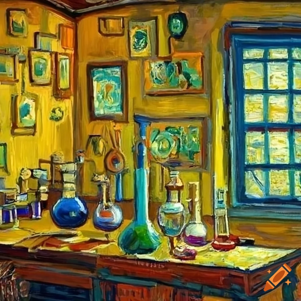 Artistic painting of a chemistry lab inspired by Van Gogh on Craiyon