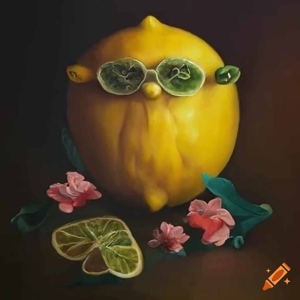 Surrealist lemon with a mustache in a bizarre landscape with strange ...