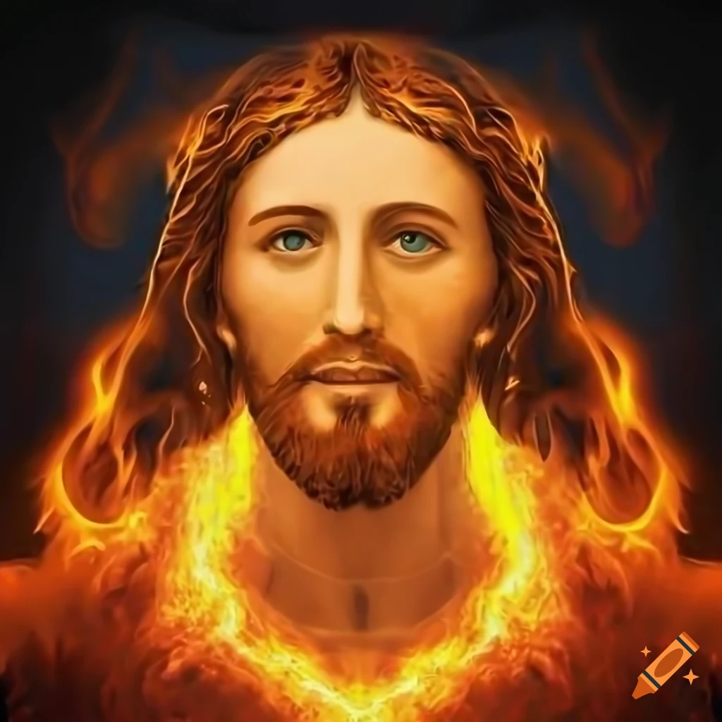 White heart of jesus flag with yellow and orange flames, hyper-detailed ...