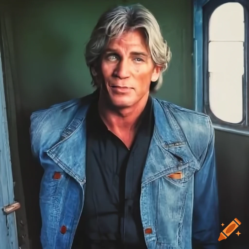 Young man in outlaw biker style outfit standing in a doorway on Craiyon
