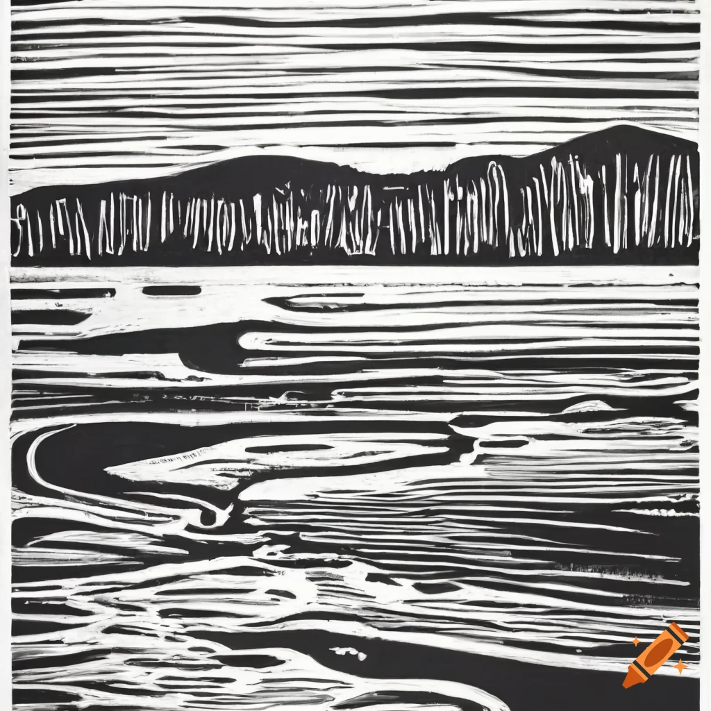 Island view beach in victoria, bc with monochrome linocut print style ...