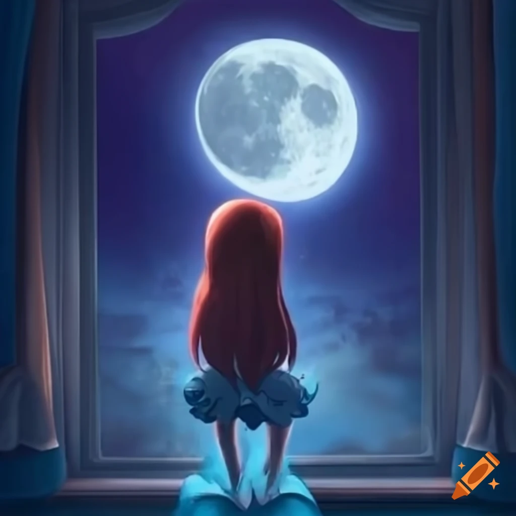 Luna gazing at the moon from her window in a cute cartoon style on Craiyon