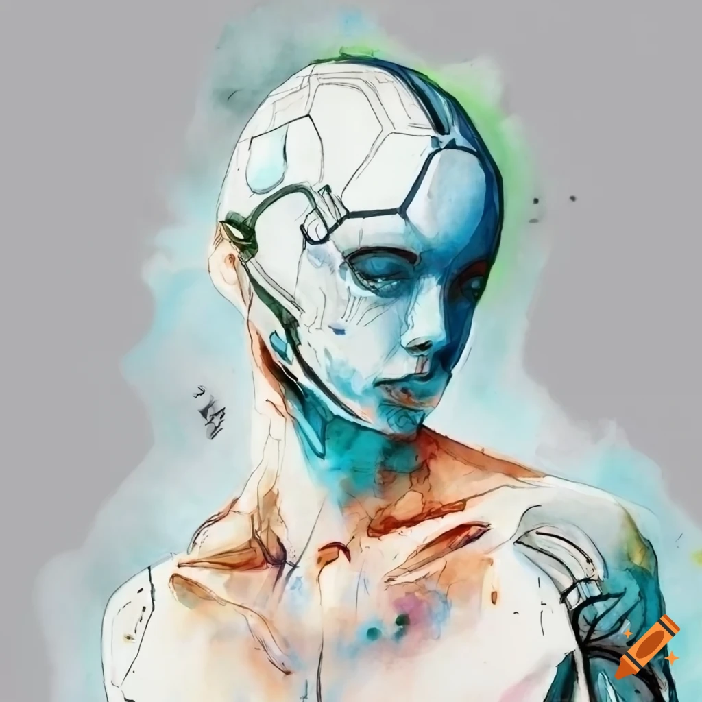 Watercolor of a young man cyborg in a futuristic high-tech bodysuit ...