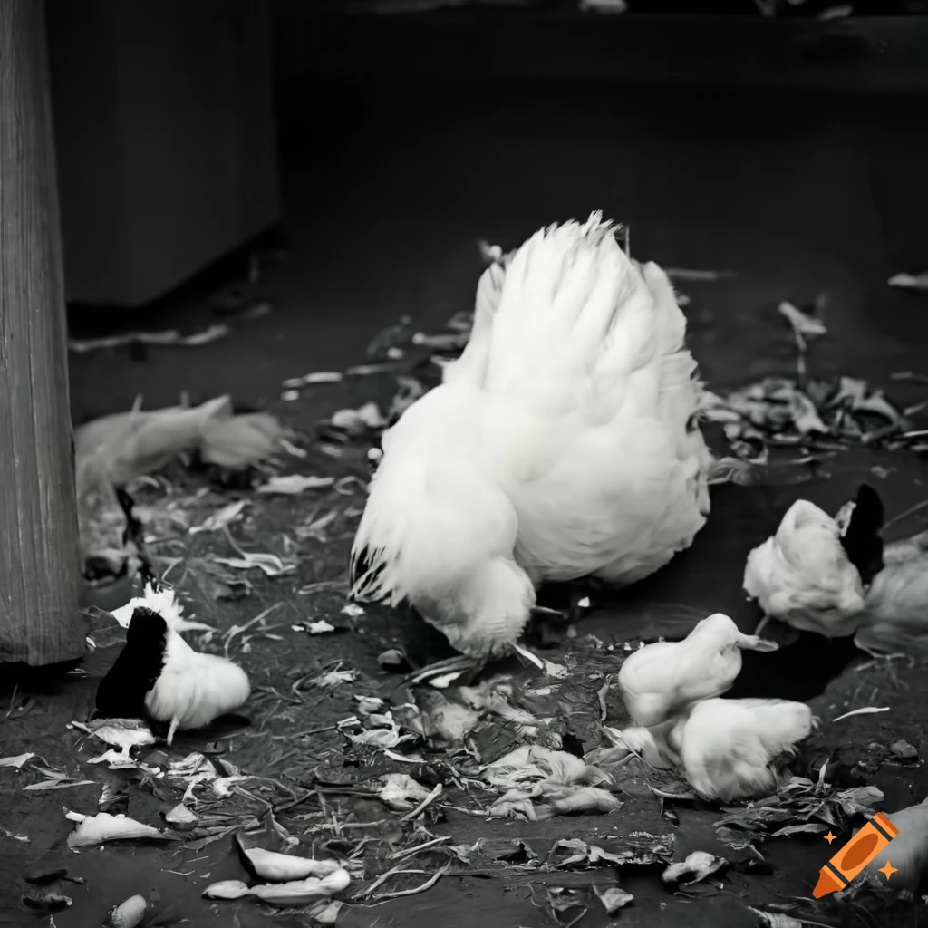 Group of poultry chickens and trash in an airport hall from 1960 on Craiyon