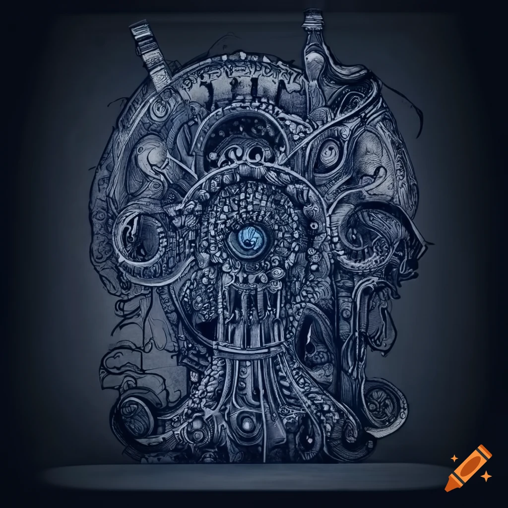Lovecraftian-inspired machine blueprint with intricate details on Craiyon