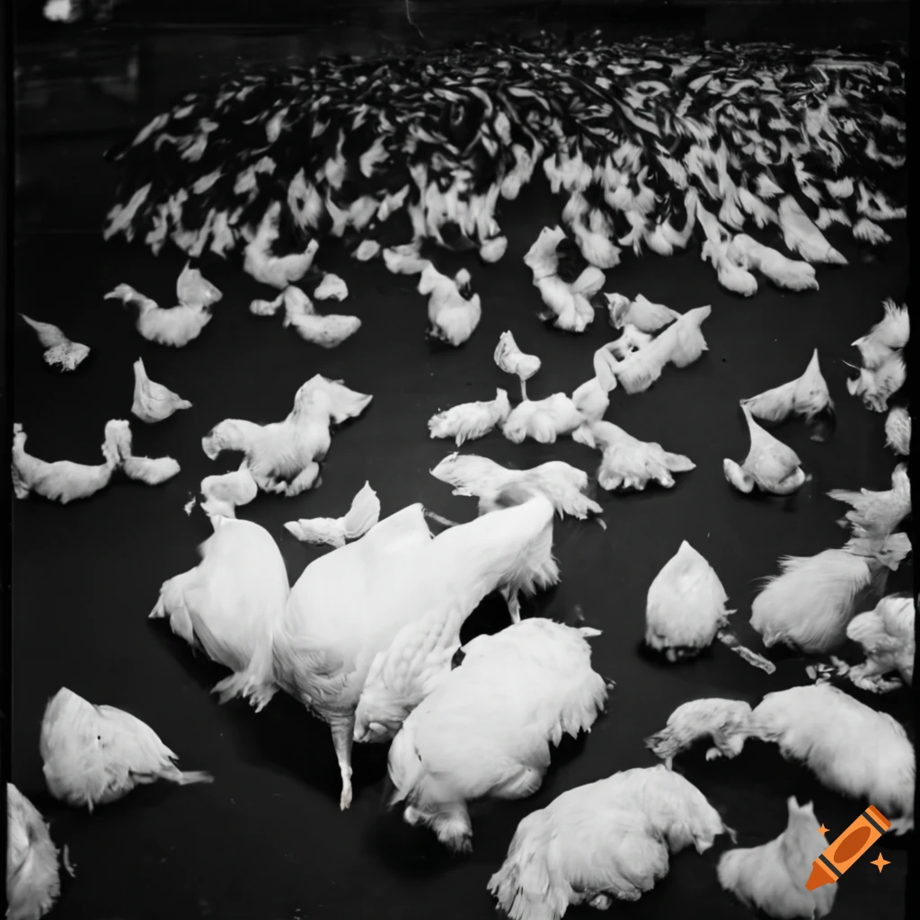 Furry white chicken with small cluster chickens in an airport hall in ...
