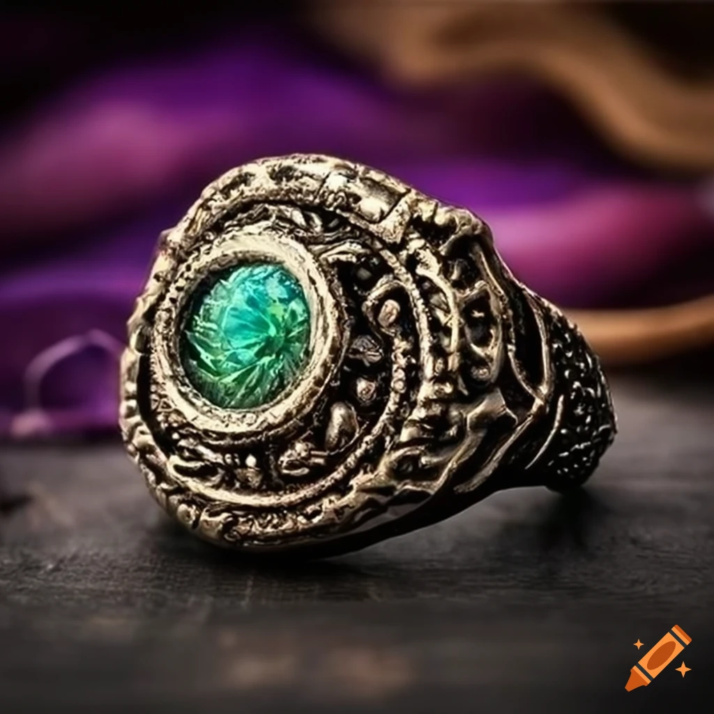 Intricately-designed fantasy ring with mystical creatures in ...