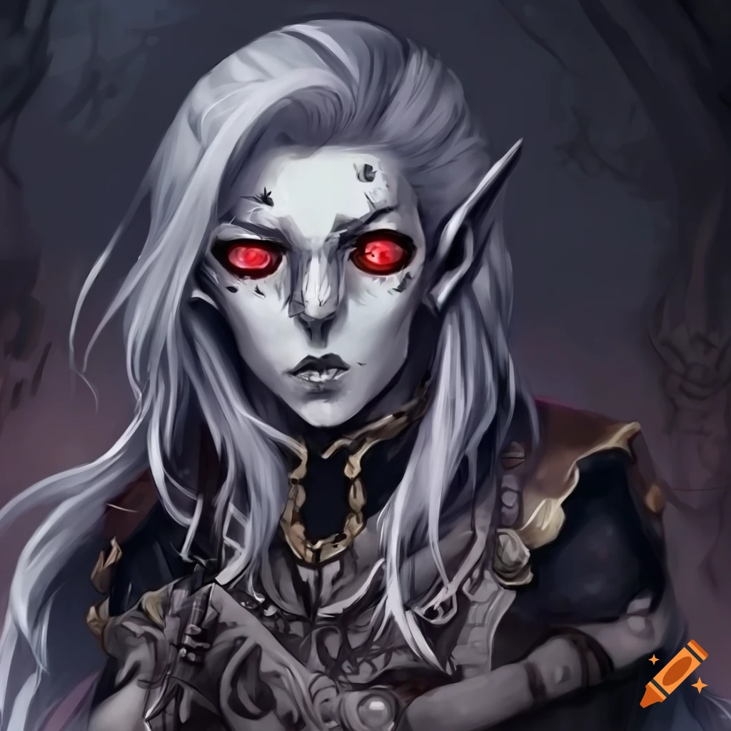 Anime undead half-elf with dark grey hair and grey skin with stitches ...