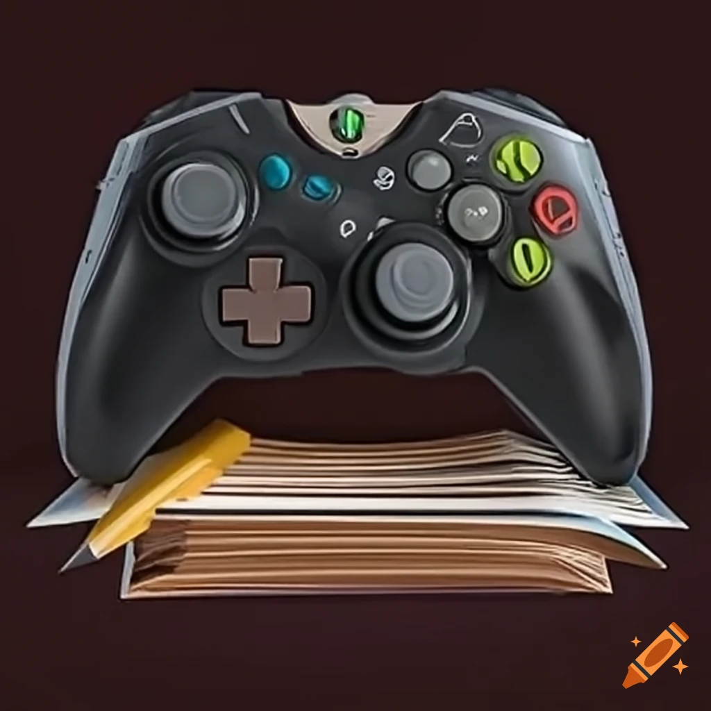 Open book with English essay, pencil, and gaming controller on Craiyon