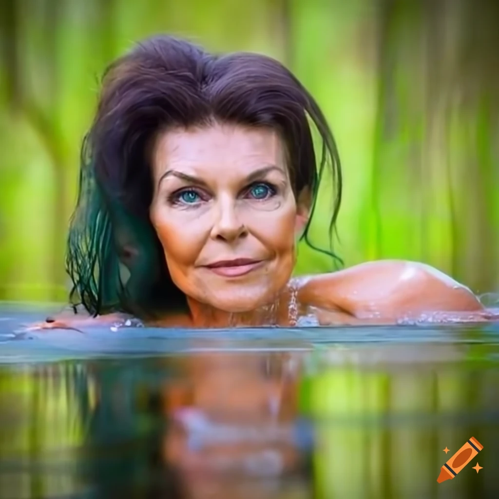 Female bodybuilder in a green swamp taking a warm bath on Craiyon