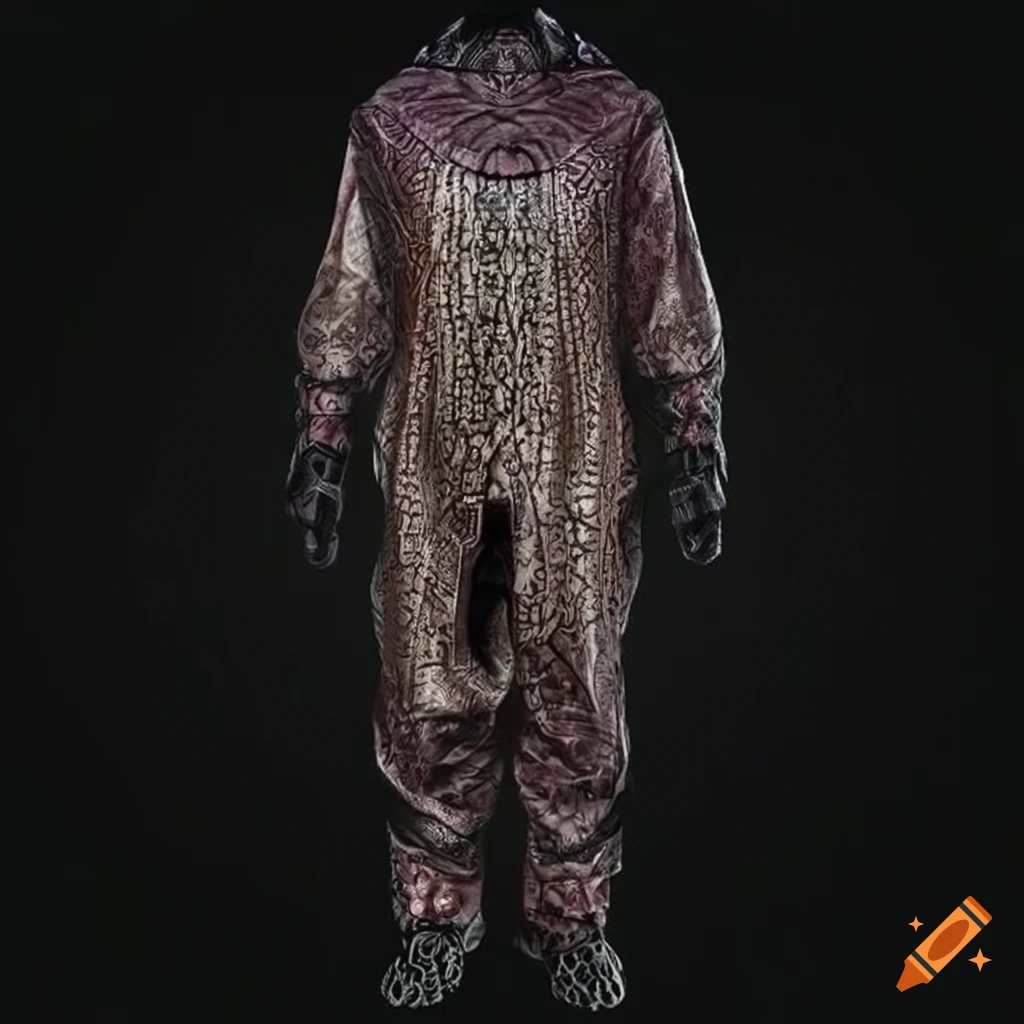 Ornate Lovecraft-inspired hazmat suit with gothic patterns and ...