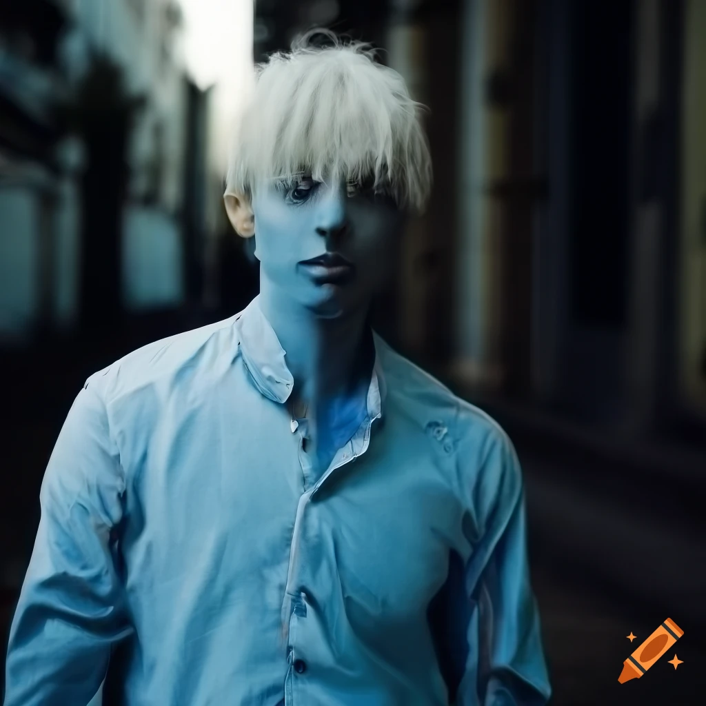 Blue-skinned humanoid man with wavy white hair standing on a sunny ...