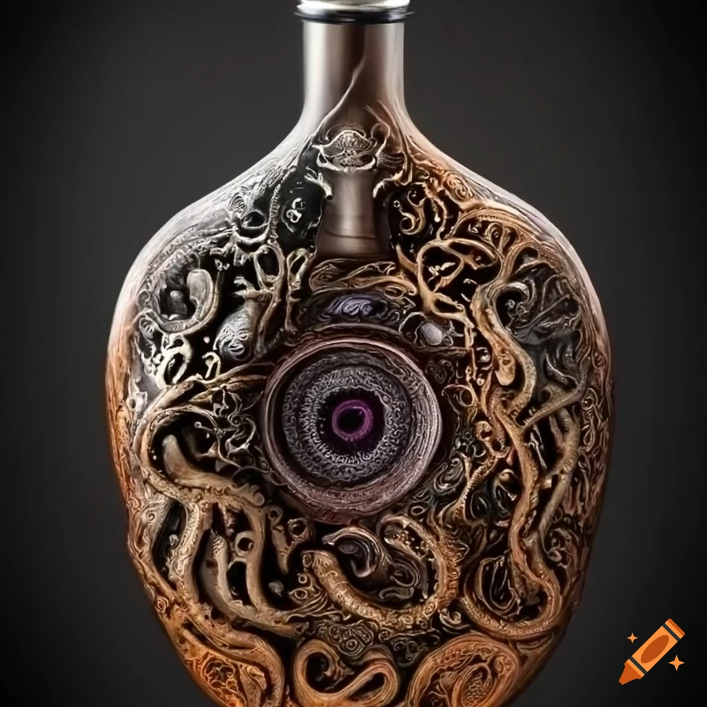 Intricately crafted lovecraftian-themed flask on Craiyon