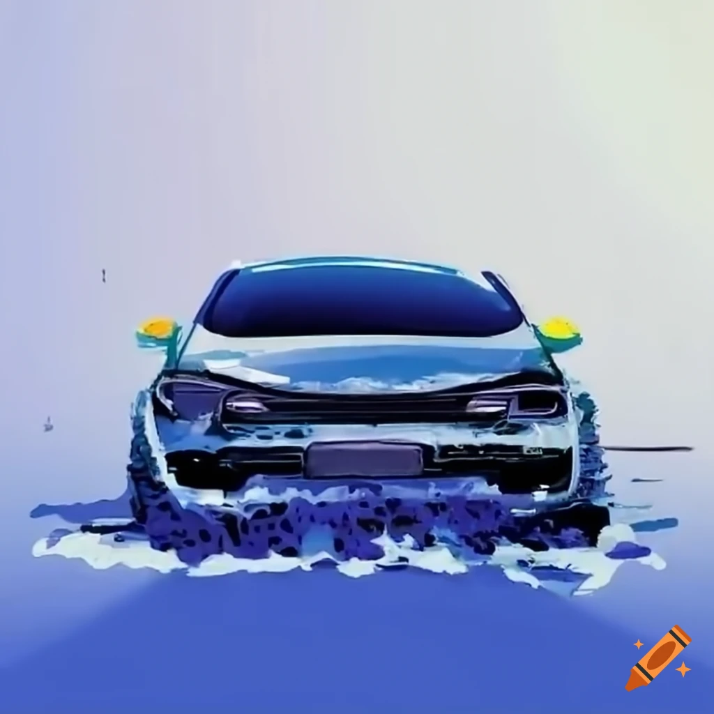 Car washing scene next to a large scenic boulder on Craiyon