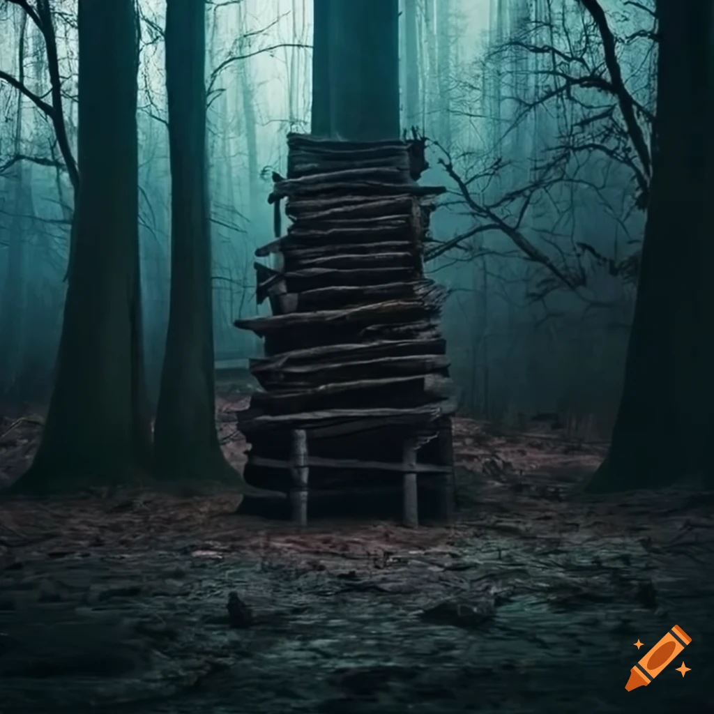 Eerie and mysterious gothic scene of stacked wooden planks in a dark ...