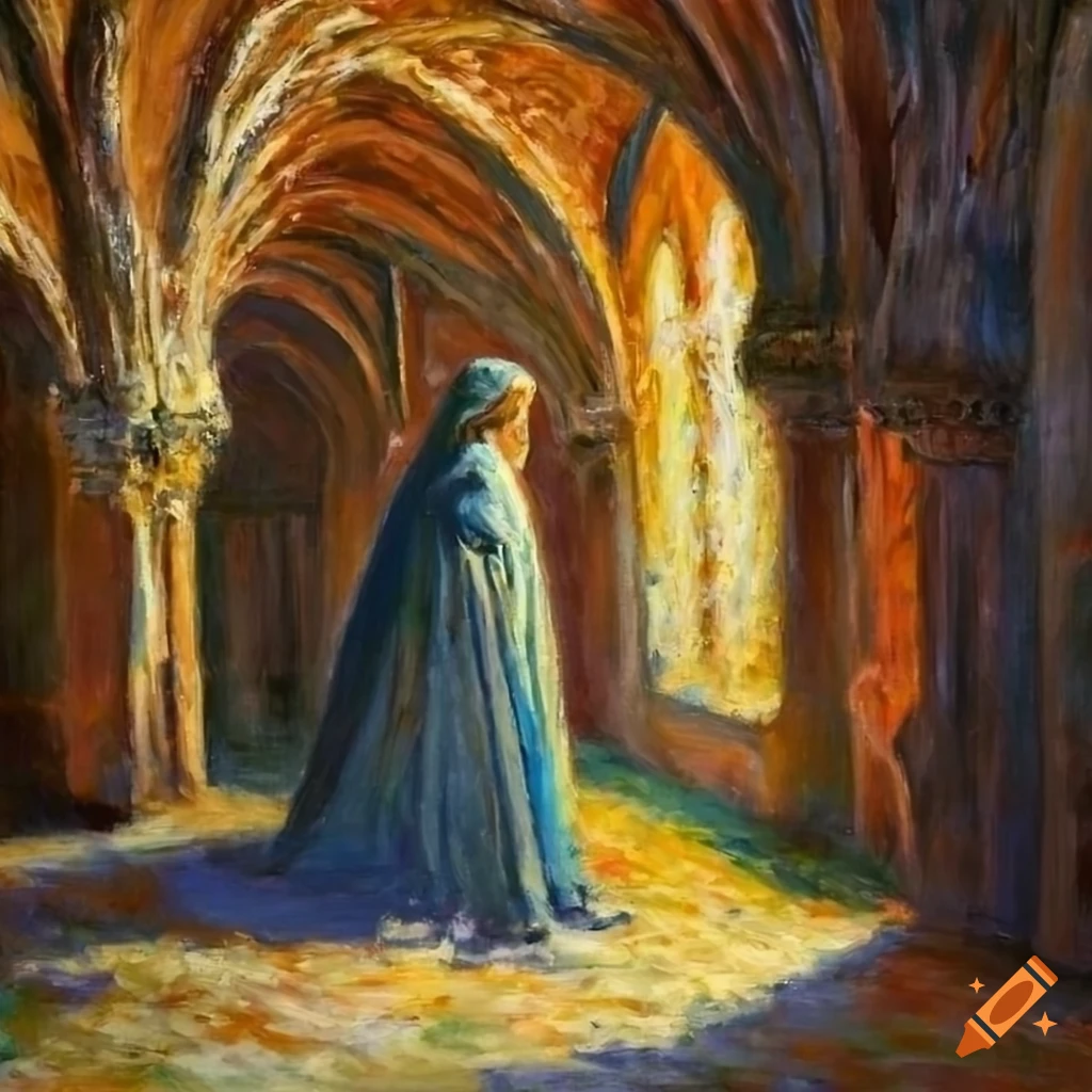 Textured oil painting of a person in medieval attire in a gothic castle ...