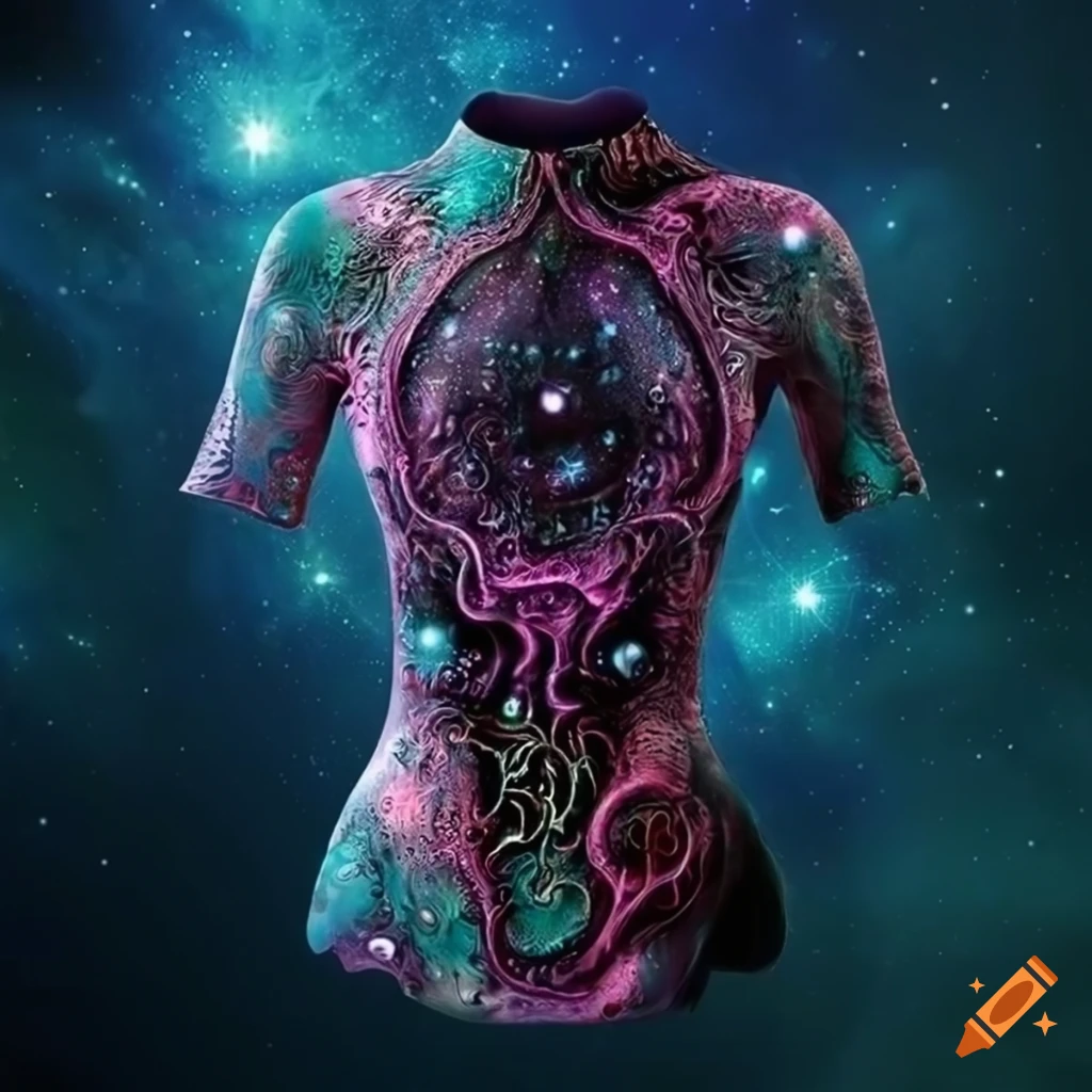 Lovecraftian-themed 3D cosmic bodysuit design in high definition on Craiyon
