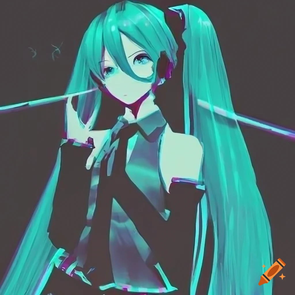 Vocaloid Hatsune Miku in glitch art breakcore album cover design on Craiyon