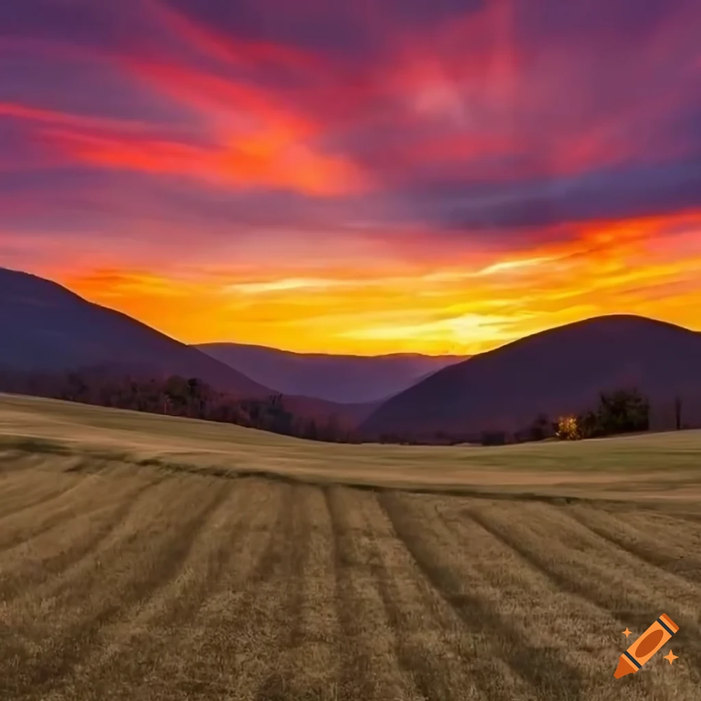 Beautiful rural virginia with mountains at sunset on Craiyon