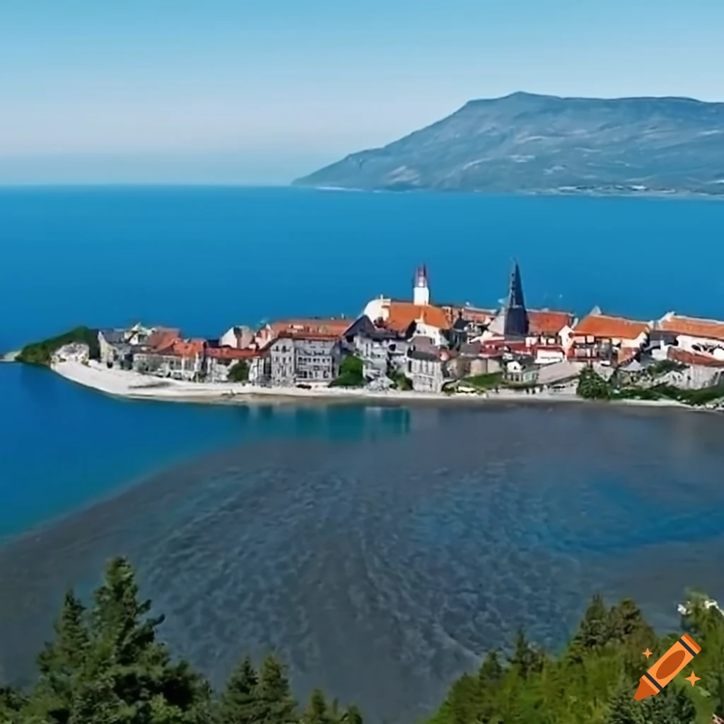 Scenic view with mountains surrounding a town by the sea and a snowy ...