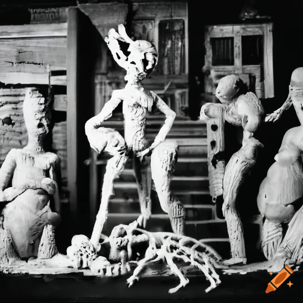 Vintage black and white theater scene with Morlocks and insect-like ...