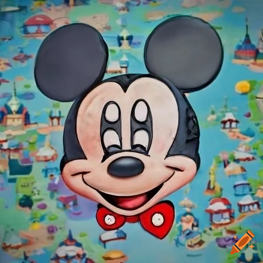 Mickey Mouse sitting on a Disney Park map in felt puppet form on Craiyon