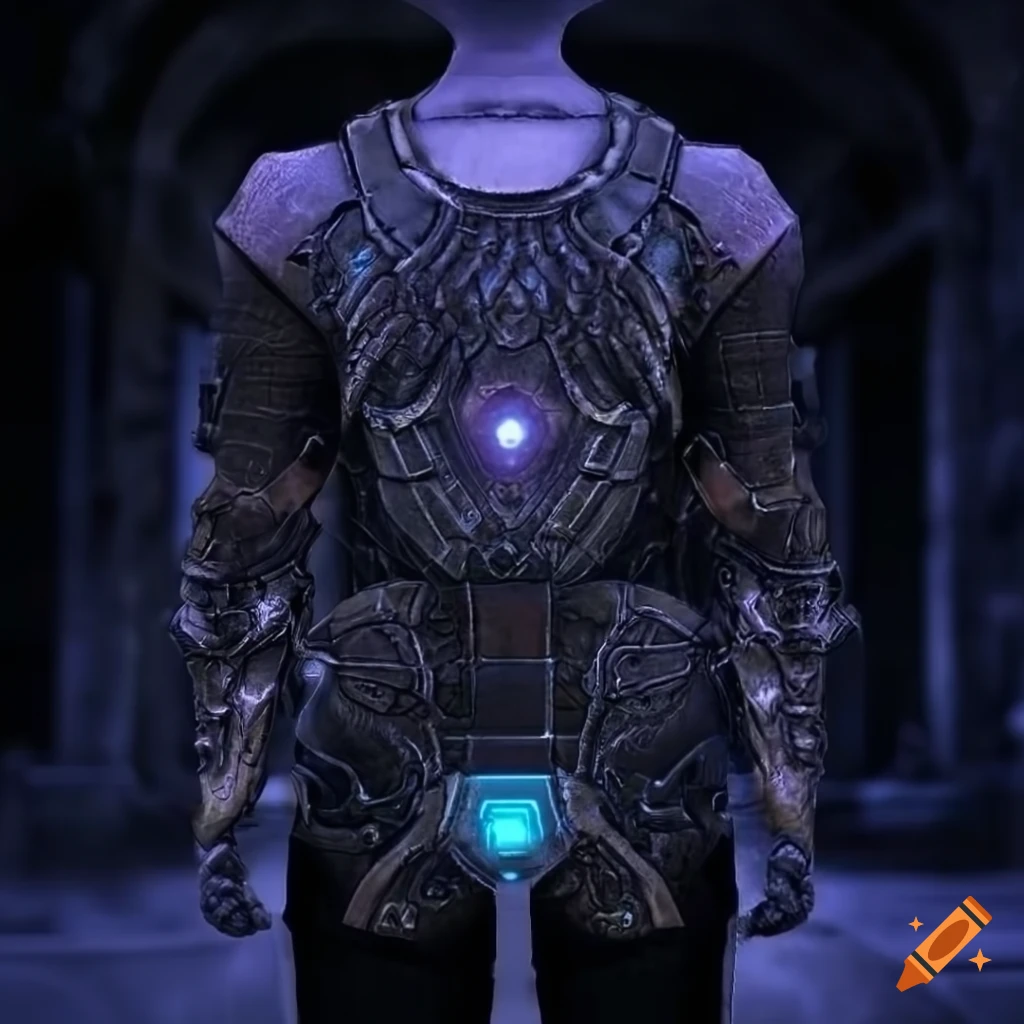 Sleek 3D lovecraftian cyberpunk cosmic chest armor on Craiyon