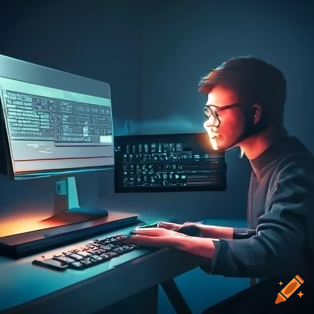 Programmer coding on an ultrawide screen in a modern setup on Craiyon